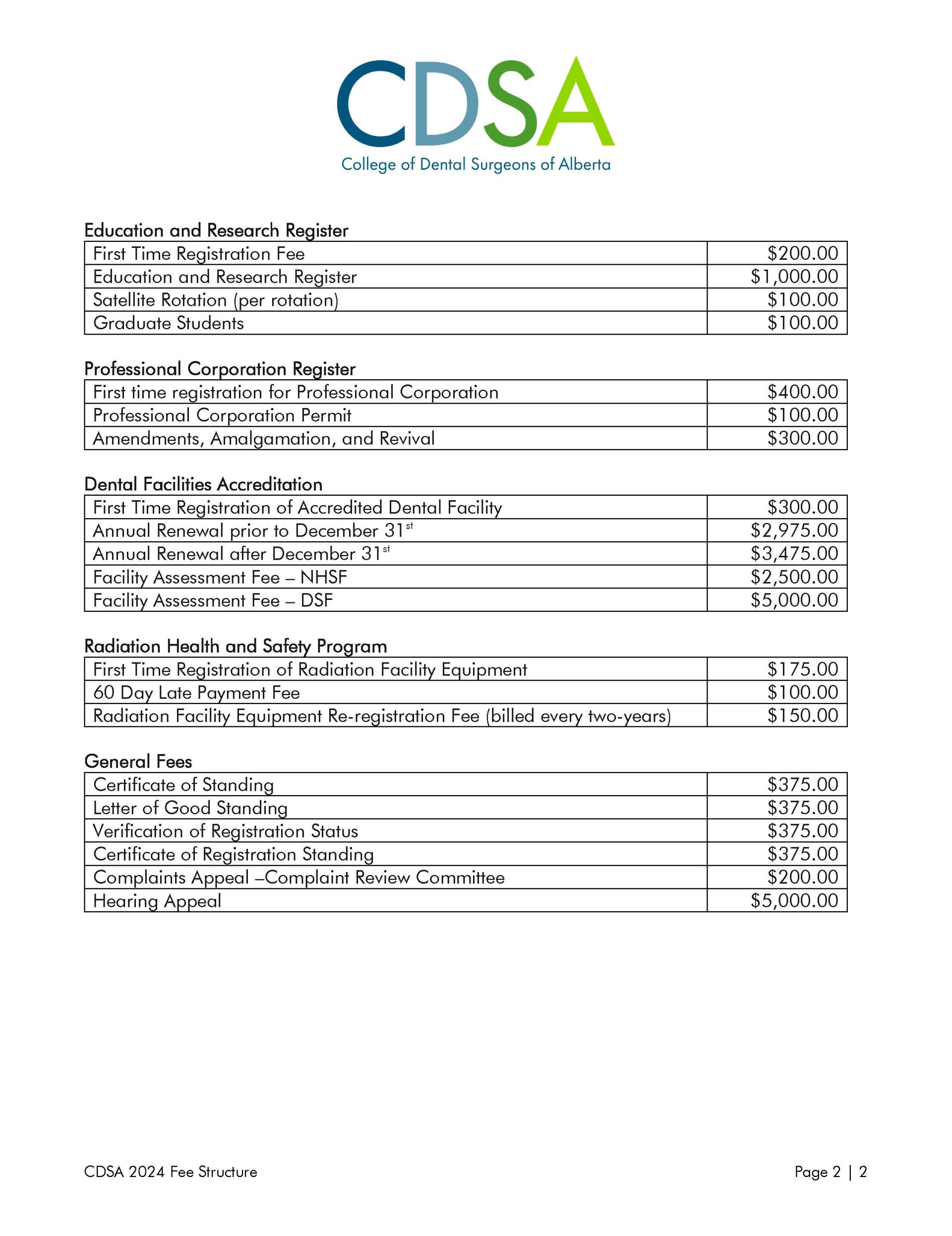 Fee Structure - College of Dental Surgeons of Alberta